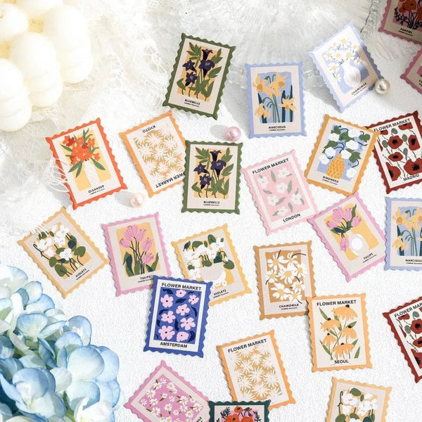 Vintage Floral Stamp Sticker Pack - 46 Pcs Self-Adhesive Paper Stickers ...